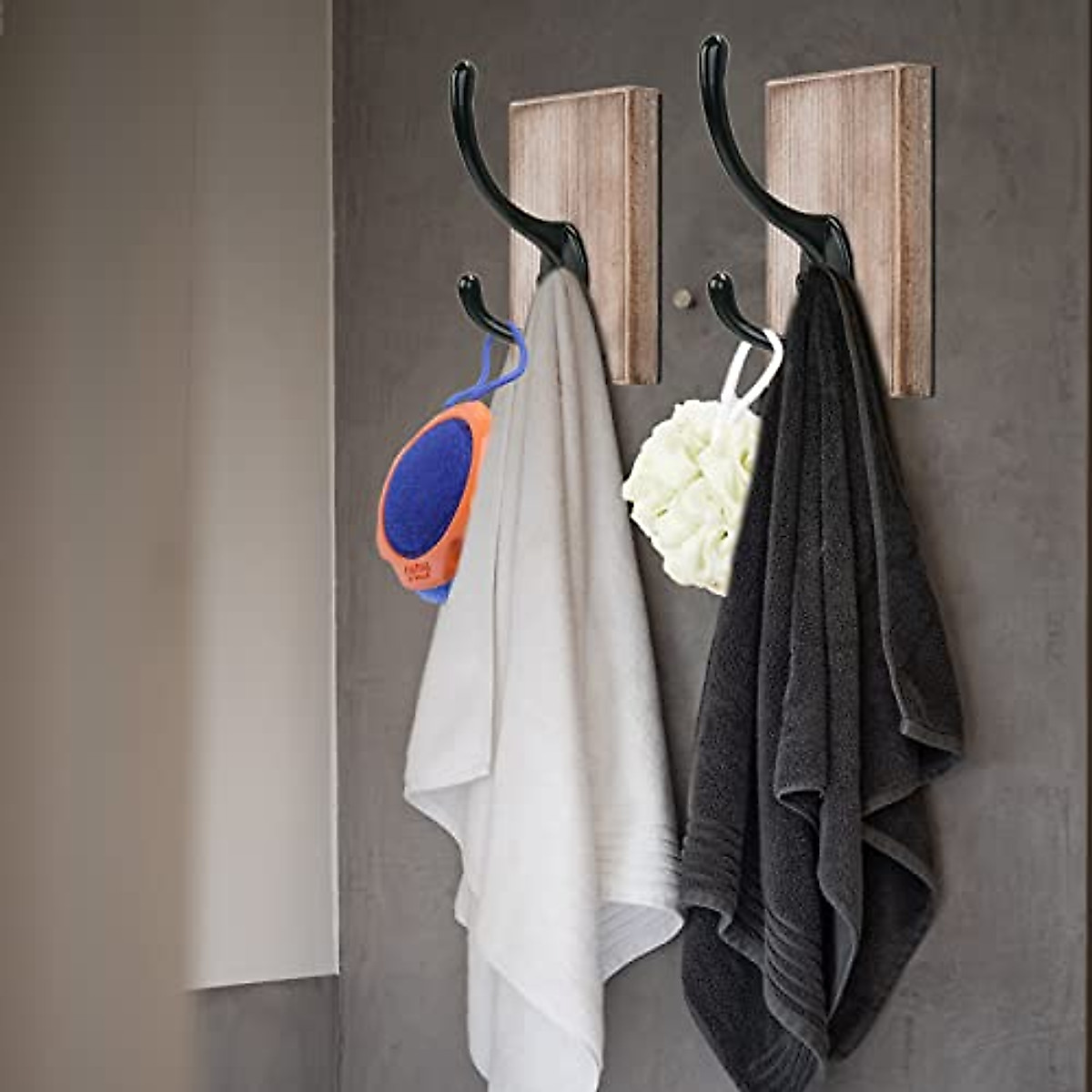 OLBET Rustic Farmhouse Towel Hooks for Bathroom Wall Mounted - Rustic Wall Hooks for Hanging Coats - 2 Pack - Retro Iron Wood Hooks - Classical Heavy Duty Hangers for Your House - Weathered White