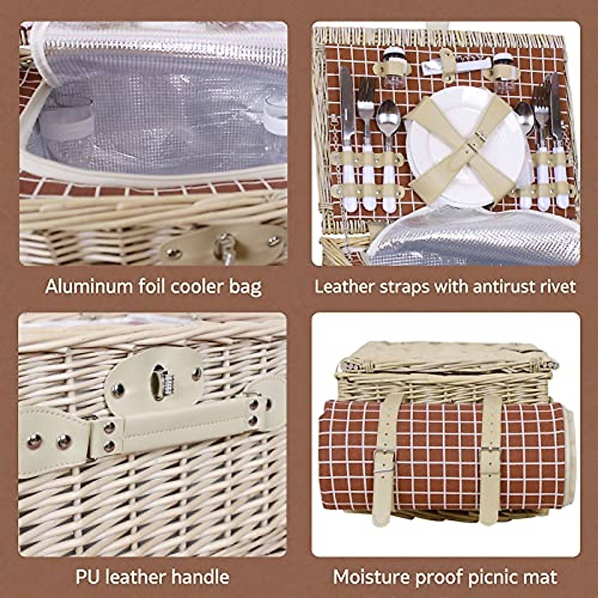 Willow Picnic Basket Set for 4 Person Wicker Hamper Sets with Picnic Blankets, Picnic Cutlery Service Kit, Insulated Cooler Compartment, Best Gifts for Couples, Family, Camping,Outdoor Party - Brown