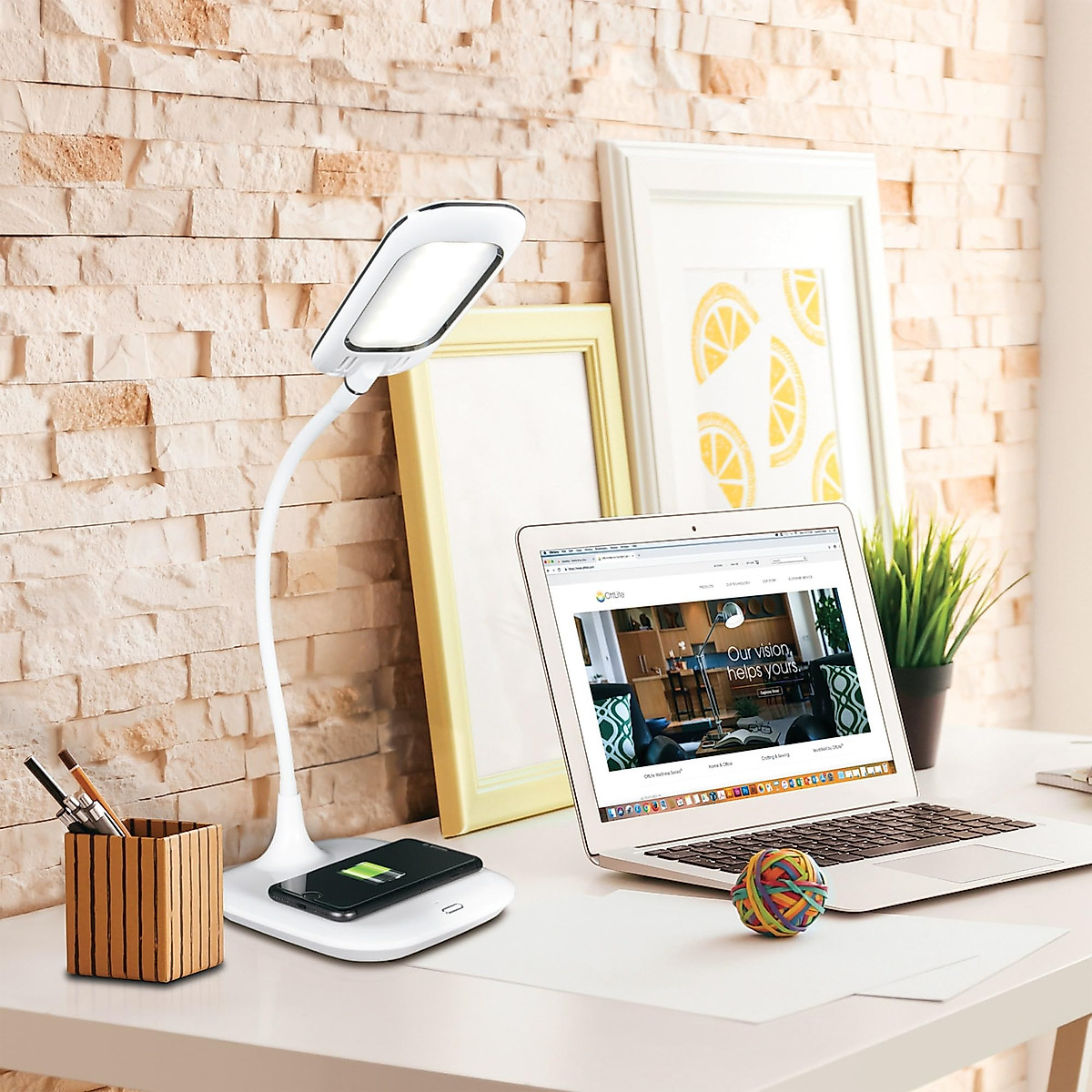 OttLite LED Desk Lamp with Wireless Charging, Prevention Designed to Reduce Eyestrain - Adjustable Flexible Neck, 3 Color Modes & Touch Controls - Crafting, Office Work, Reading & Studying