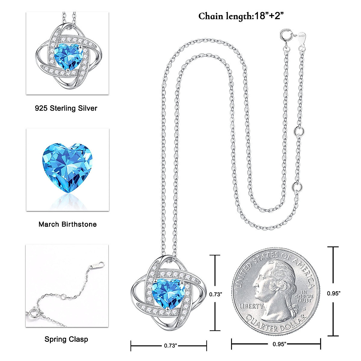 Love Knot Birthstone Necklace for Women, 925 Sterling Silver Love Knot Heart Birthstone Necklace Jewelry Natural or Created Gemstone Valentines Day Birthday Gifts for Her Mom Wife Girlfriend,