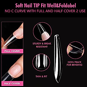UNA GELLA Long Coffin Gel Nail Tips 216pcs 12 Sizes Clear Press on Nails Base Tips Coffin False Fake Tips Full Acrylic Nails Coffin Shaped For Nail Extension DIY Salon Soft Gel Tips