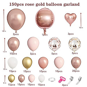 Amandir Rose Gold Balloons Garland Arch Kit, 150pcs Rose Gold Pink White Gold Confetti Latex Balloons for Bridal Wedding Birthday Girl Baby Shower Graduation Anniversary Bachelorette Party Decoration