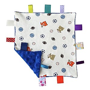 Baby Boy Blue Tag Security Blanket, Soft Tag Blanket, Basketball Footaball Soccer Comforter Blanket, Security Comforter with Colorful Tags Shower Gift for Child Toddler Kid-Blue
