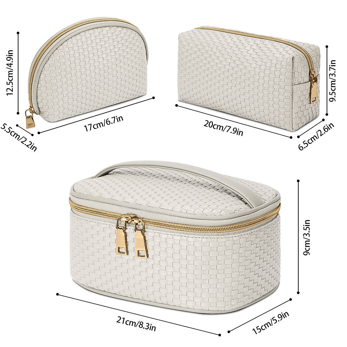KTMOUW Makeup Bag 3 Pcs Waterproof Cosmetic Bag Set Portable Travel Cosmetic Bag Multifunction Organizer Storage Bag Weave Toiletry Bag for Women, Beige