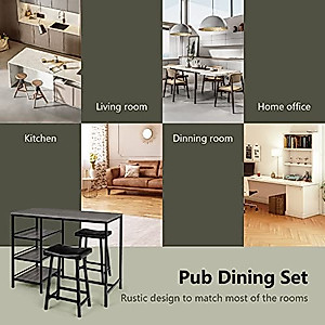 COSTWAY 3 Pieces Dining Table Set, Counter Height Pub Table Set with 2 Upholstered Bar Stools and 3 Shelves, Industrial Kitchen Table Set for Living Room, Restaurant