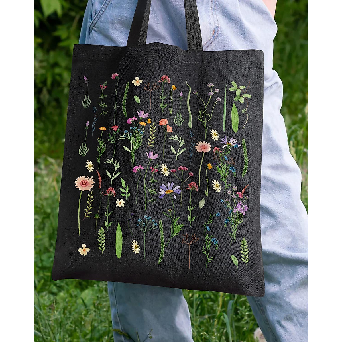 AUSVKAI Cute Canvas Tote Bag Aesthetic For Women College Grocery Bag Cotton Cloth Beach Totes Gift-Black Flowers