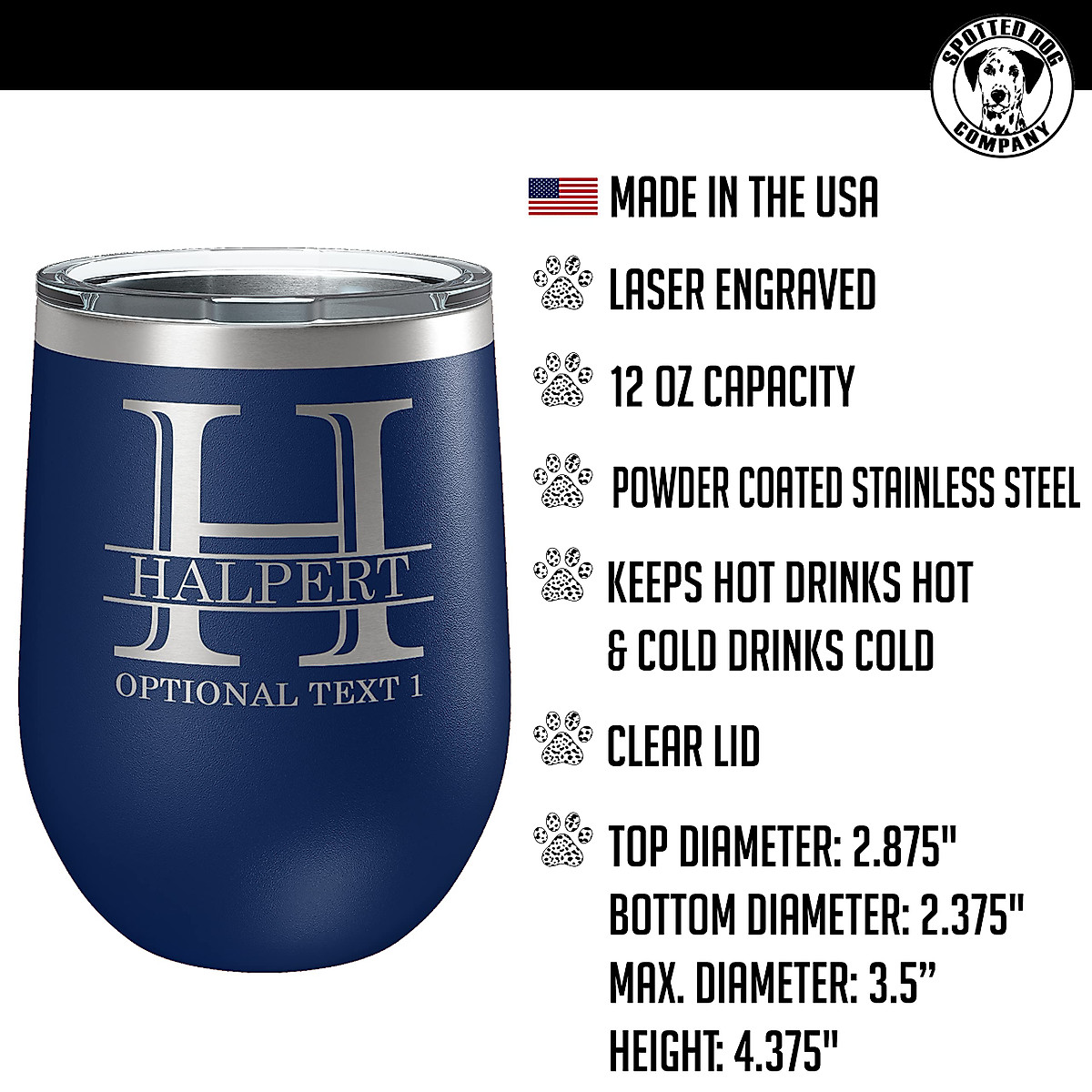 Personalized 12oz (17 Colors) Powder Coated Stainless Steel Stemless Wine Tumbler with Lid, Custom Etched, Customized Wine Gift for Women Her, Wine Lover, Halpert Monogram Initial Name (Navy Blue)