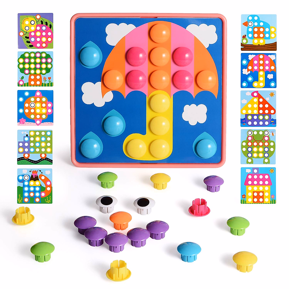 EINSTEM Button Art Toddler Toys Age 3+ Year Old, Early Learning Educational Montessori Toys Color Matching Games Mosaic Pegboard for Boys & Girls Gifts, 10 Pictures 46 Buttons and Pink Storage Box