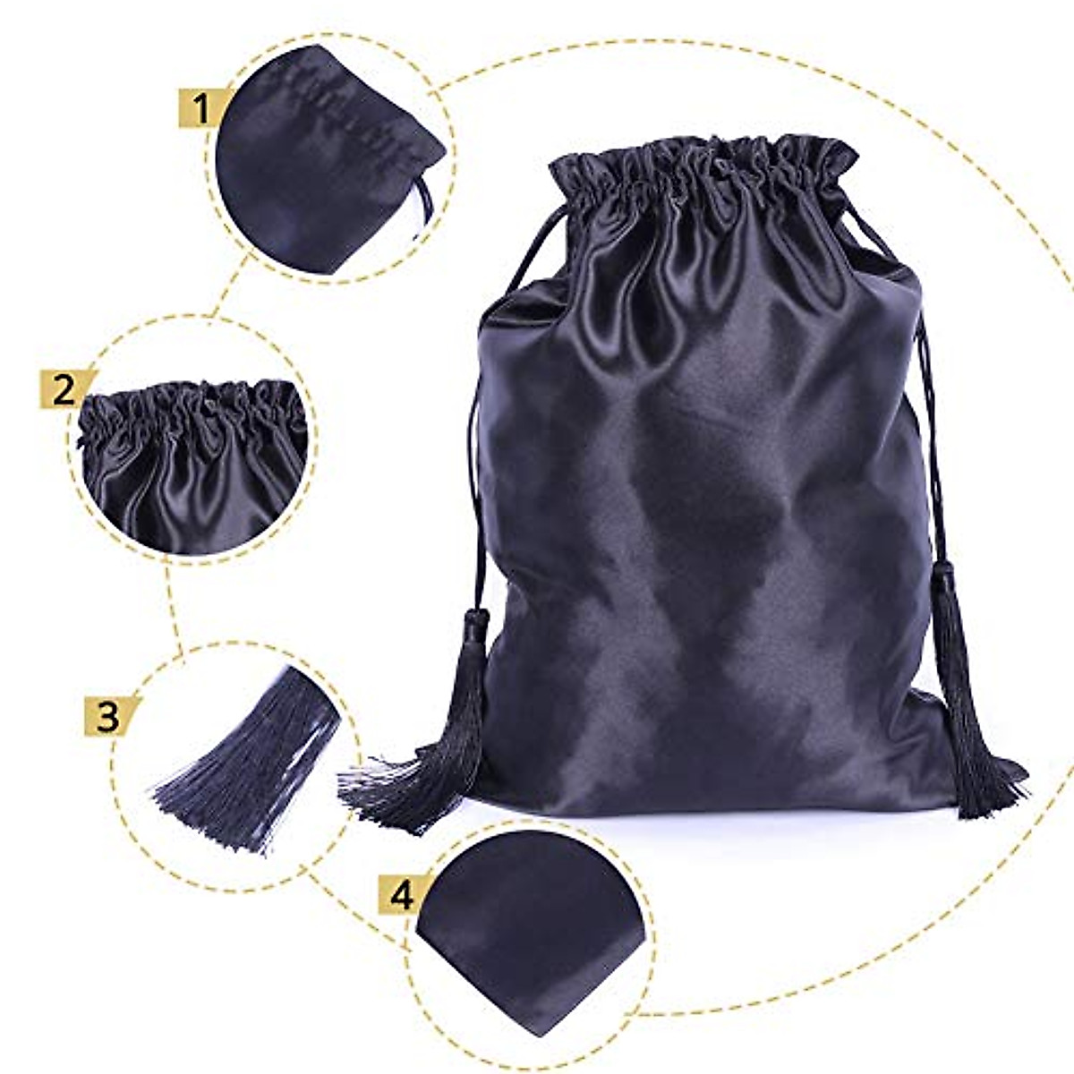 Silk Satin Wig Bags, Hair Storage Bags for Packaging Wigs, Bundles, Hair Extensions, Travel, Large Satin Bags with Drawstring Pouches Gift Bags with Tassel AliPearl Hair Bags (3 Black Bags)