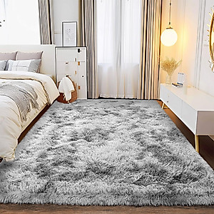 Ultra Soft Fluffy Rugs for Bedroom, Anti-Skid Indoor Carpet Nursery Rugs for Kids Room Home Decor, Rectangular Fuzzy Rug Tie-Dyed Light Grey 5x7 Feet