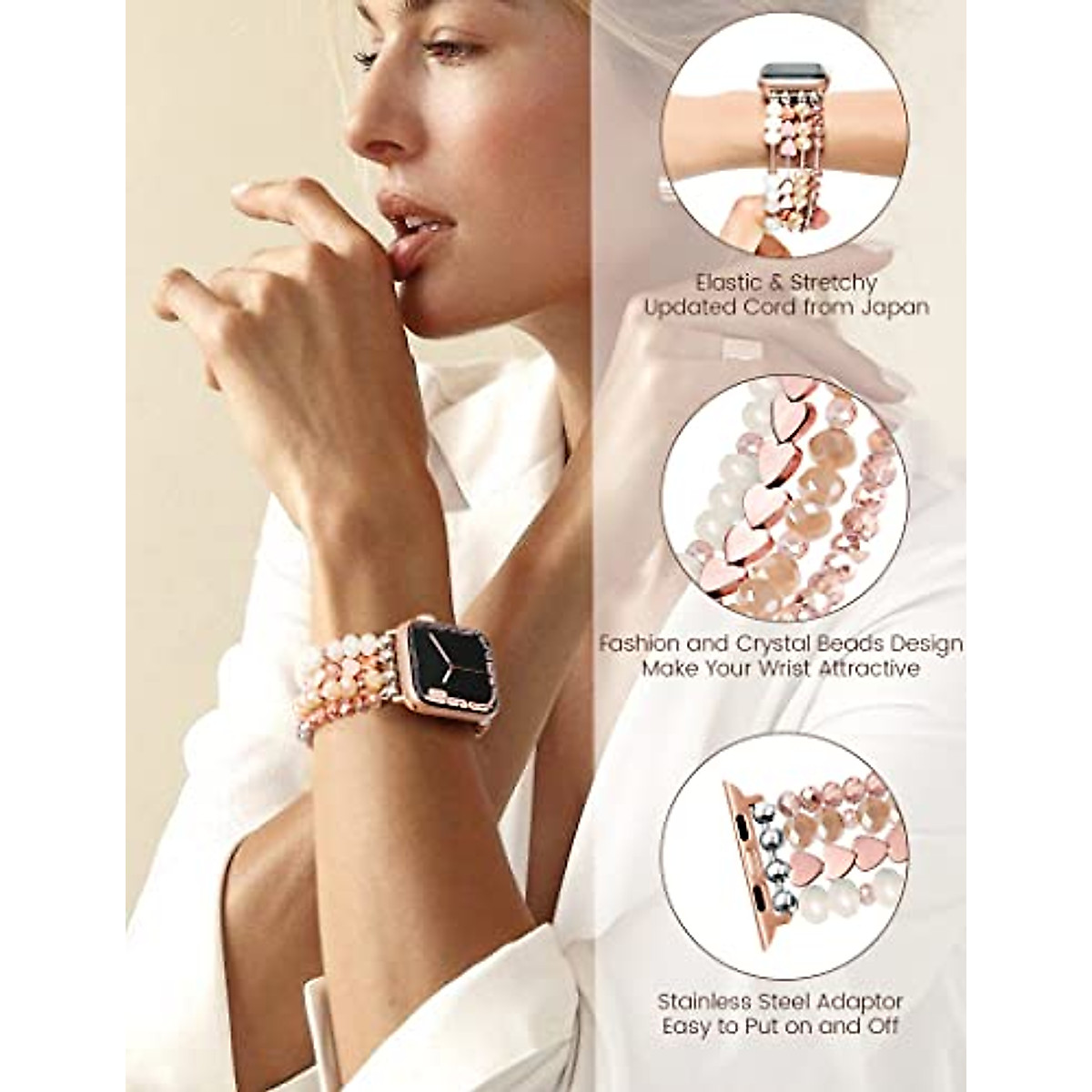 JR.DM Rose Gold Bracelet Beaded Watch Bands for Women Compatible with Apple Watch 38mm 40mm 41mm Handmade Elastic Stretch Watch Band, Fashion Dressy Cute Watch Strap for iWatch Series 8 7 6 5 4 3 2 1 SE