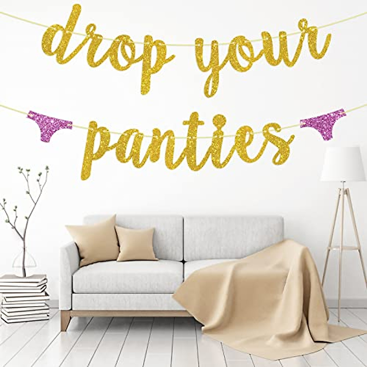 Drop Your Panties Banner Gold Glitter Bacheloretter, Lingerie Shower, Wedding Birthday Party Decorations Banner Sign