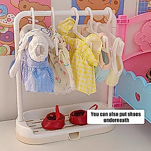 SUPERFINDINGS Plastic Doll Garment Rack with 10pcs Clothes Hanger White Mini Doll Clothes Display Stand Dress Outfit Holders Miniature Dollhouse Accessories with Storage Base for Closets 170x25x197mm