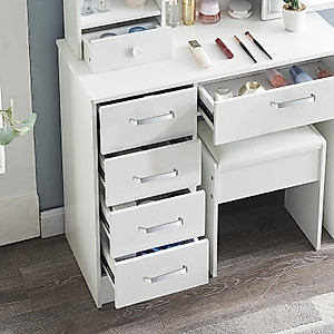 White Vanity Desk with Mirror and Lights, Makeup Vanity Desk with 5 Drawers of Storage, Bedroom Makeup Dressing Table with Stool, White (JTO-07)