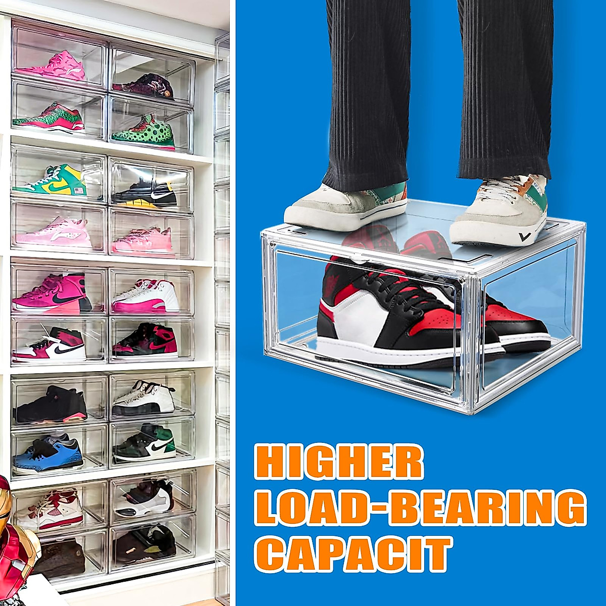 EZJOB Modern Clear Shoe Box, Acrylic Sneaker Shoe Storage Box, Stackable Shoe Display Case with Magnetic Door, 1 Pack Size 15