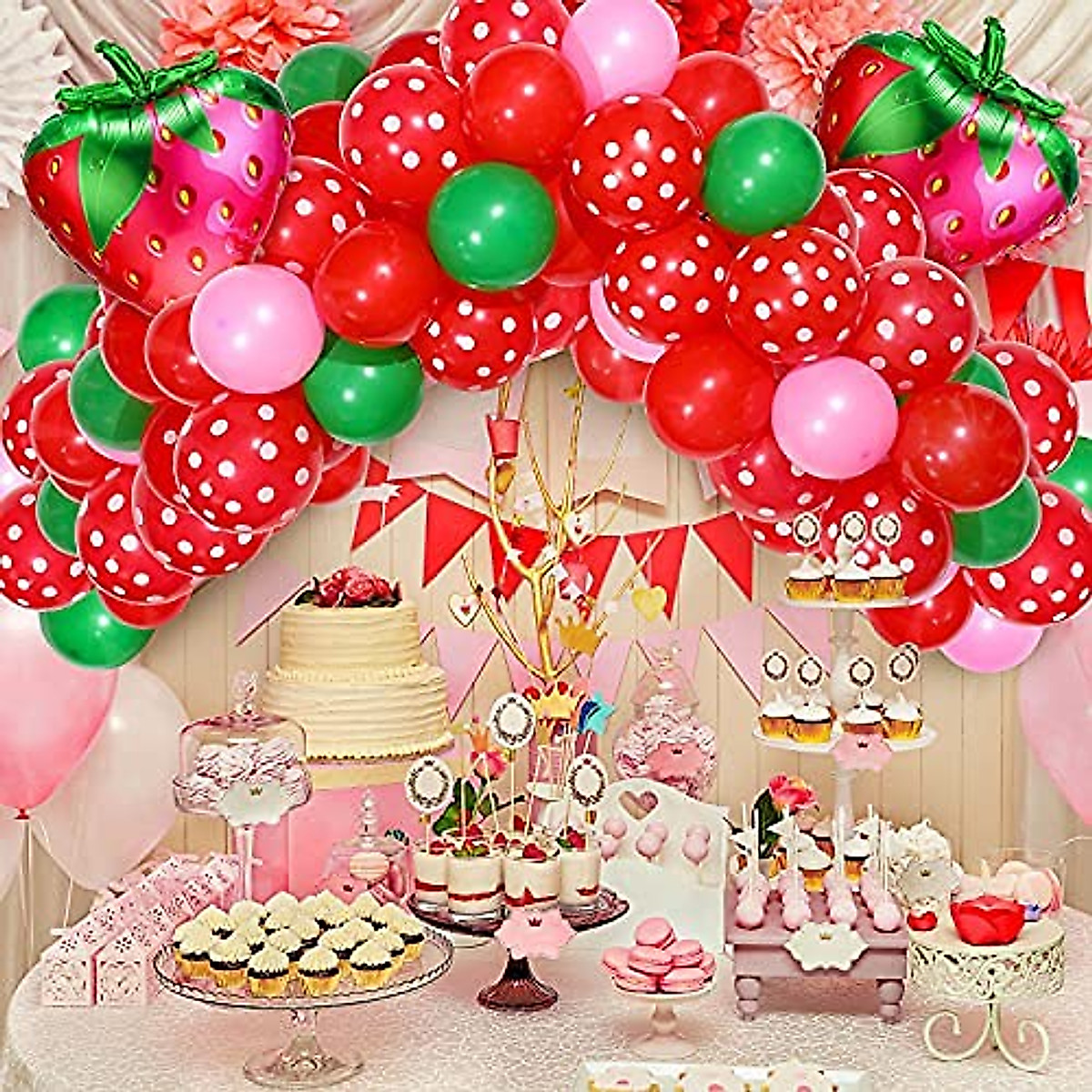 Strawberry Birthday Party Decorations Strawberry Party Balloons Arch Garland Decorations Paper Honeycomb Ball Baby Shower Foil Balloon Decoration Kit for Party (Red, Pink, Green)