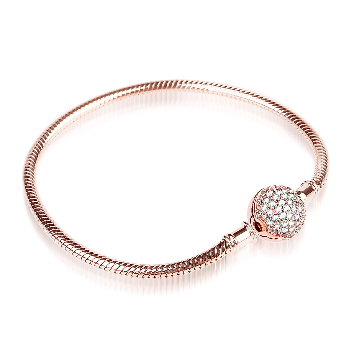 GNOCE Charm Bracelet Sterling Silver Rose Gold Plated DIY Snake Chain Endearing Gifts For Her Basic Charm Bracelet Dainty Bangle with Crystal Round Shape Clasp (2Rose Gold, 7.5)