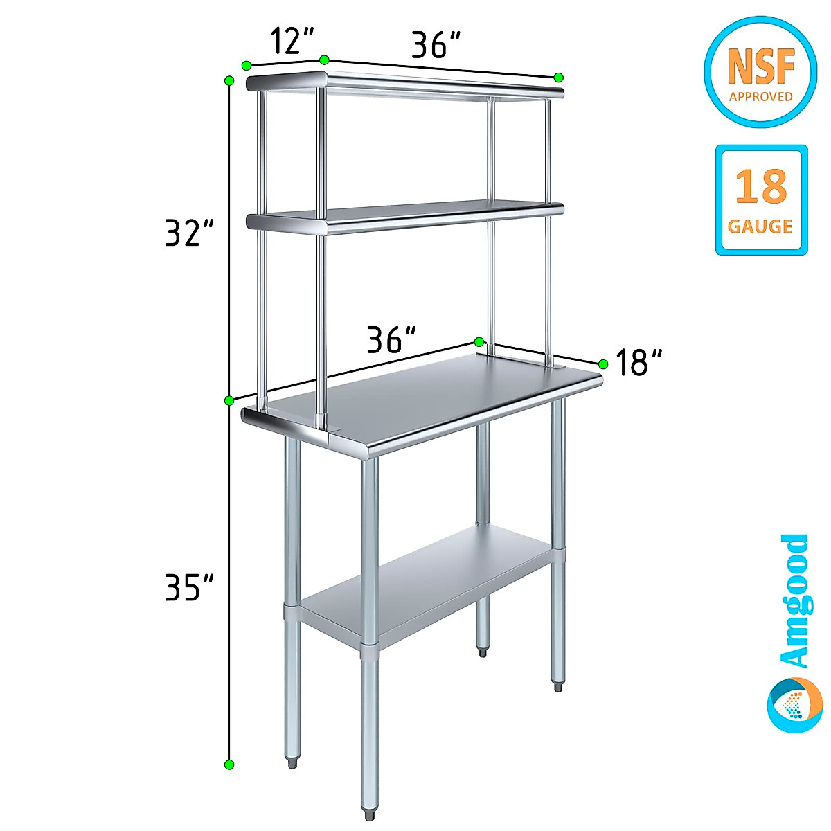 18" x 36" Stainless Steel Work Table with 12" Wide Double Tier Overshelf | Metal Kitchen Prep Table & Shelving Combo