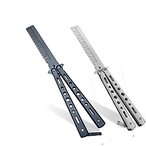 Stainless Steel Beard Comb Men's Hair, Beard and Mustache Styling Comb Steel Practice Training Butterfly Comb (Black)