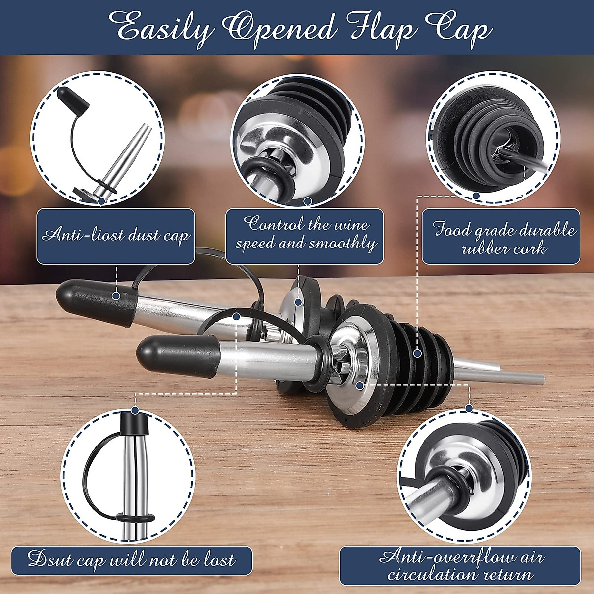 100 Pieces Liquor Pourer Stainless Steel Liquor Bottle Pourers with Siamese Rubber Dust Caps Pour Spouts Alcohol Pourer Spouts Bar Juice Pourers Wine Pourers Tapered Spout About 3/4 Inch Bottle Mouth