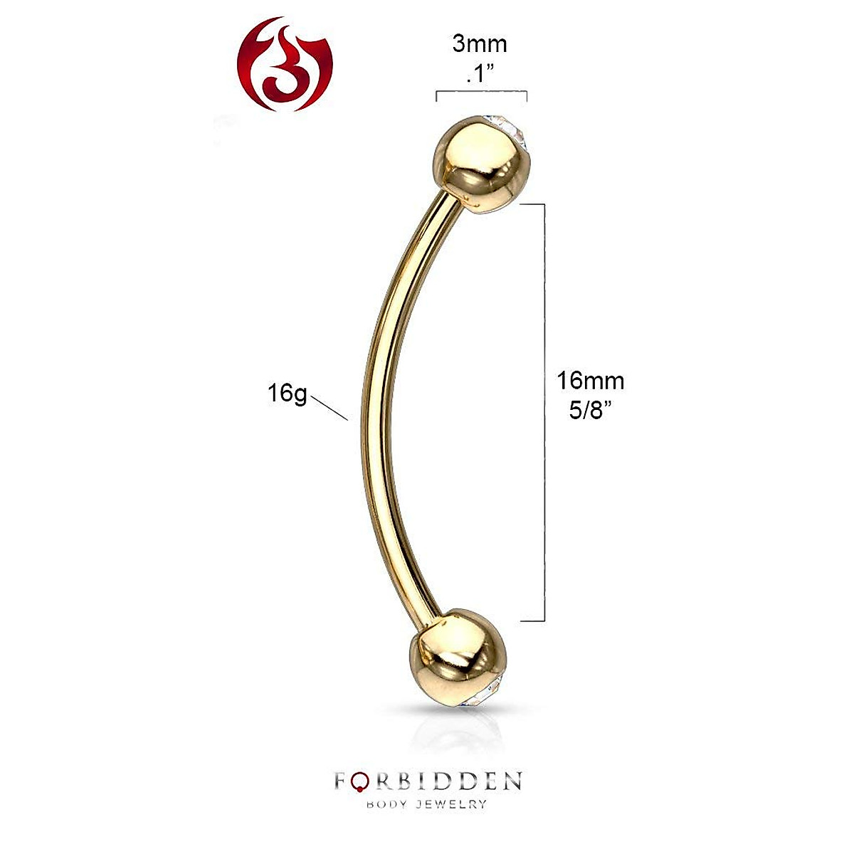 Forbidden Body Jewelry 16mm Surgical Steel Curved Barbell w/Gemmed Ends for Snake Eyes Tongue Piercing, Clear (Gold Tone)