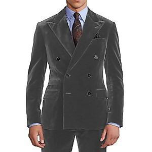 Men's Slim Fit Velvet Blazer Tuxedo 2 Piece Double Breasted Suits for Wedding Prom Grey Size M