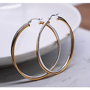 Sterling Silver Two-Tone Square-Tube Double Twisted 47mm Round Hoop Earrings