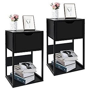 YUSING Nightstand Set of 2, Side Table with Drawer and Storage Shelf, 3-Tier End Table Bedside Table for Bedroom, Living Room, Sofa, Couch, Hall (Black)