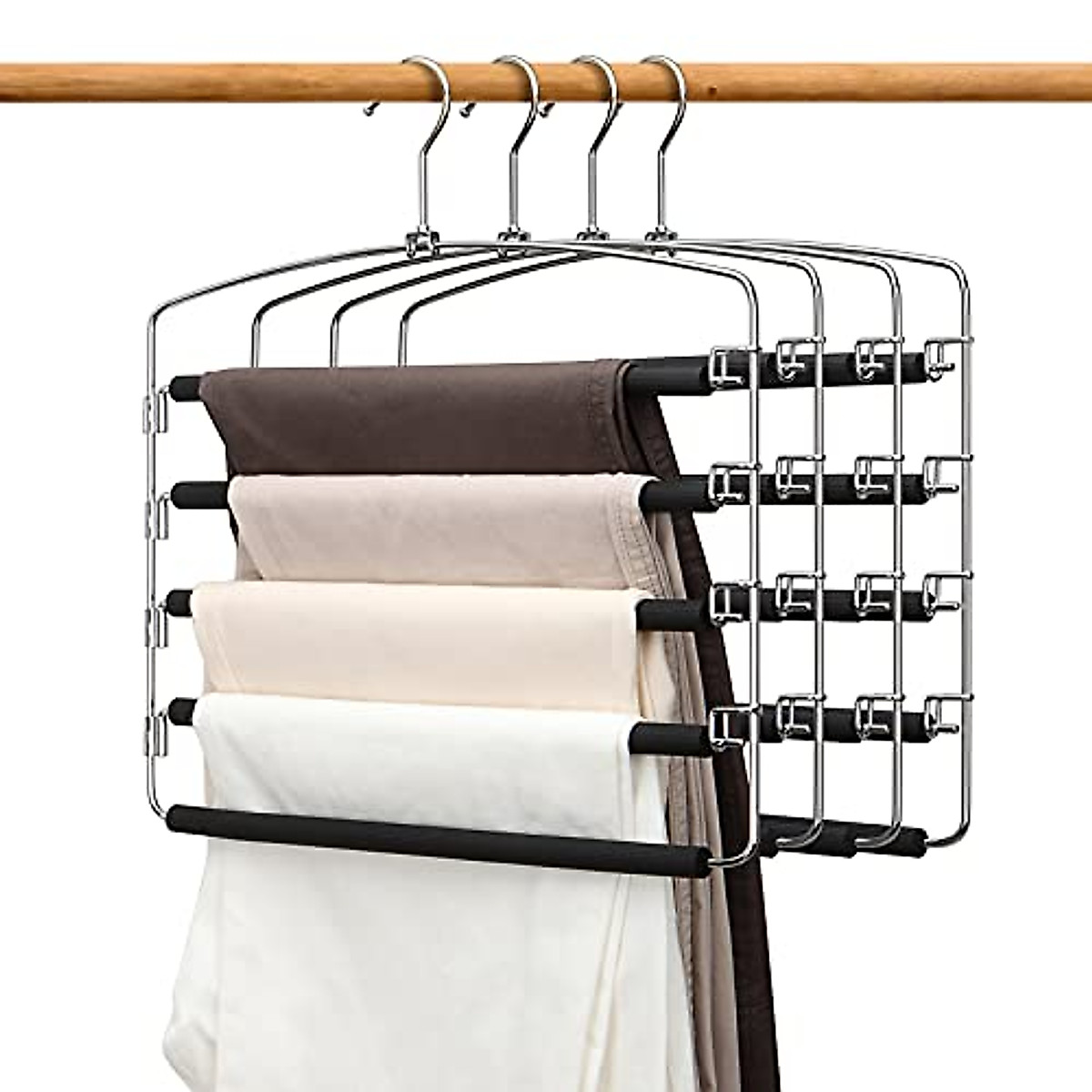 Clothes Pants Slack Hangers 5 Layers Non Slip Closet Storage Organizer Space Saving Hanger with Foam Padded Swing Arm for Pants Jeans Scarf Trousers Skirts (Updated Version-4pcs Black)