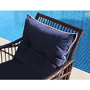 DECMICO Outdoor Rocking Chairs 3 Pieces Patio Conversation Front Porch Furniture, Wicker Rocking Chairs Bistro Set with Coffee Table for Garden and Balcony (Brown Rattan Royal Blue Cushion)