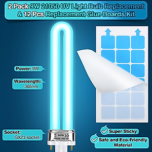 Qualirey 2 Pack 9W UV Replacement Bulb and 12 Pcs Replacement Sticky Cards Kit, Compatible with DynaTrap DT3009, DT3019, and DT3039/Gardner/Flyweb Classic/Fly Light