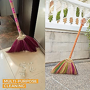 Natural Grass Broom Thai Vintage Retro Handmade Broom, Housewarming Gift, Witch Broom, Thai Broom, Broomstick, Bamboo Stick Embroidered Nylon Handle, Kong Grass Broom, Thick Broomstick, Durable Broom