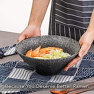 Alex Kato Ceramic Japanese Ramen Bowls Set of 2 - 60 ounce Large Noodle Soup Bowl, with Chopsticks and Spoon for Asian Pho Udon Soba (Black)