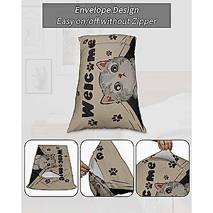 Edwiinsa Funny Cute Cat Pillow Covers Standard Size Set of 2 20x26 Bed Pillow, Black Paws Rustic Retro Beige Plush Soft Comfort for Hair/Skin Cooling Pillowcases with Envelop Closure
