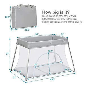 BABY JOY 2 in 1 Travel Crib with Side Zipper, Portable Pack and Play with Soft Washable Mattress, Lightweight Installation-Free Home Playard with Carry Bag, for Infants & Toddlers (Silver)