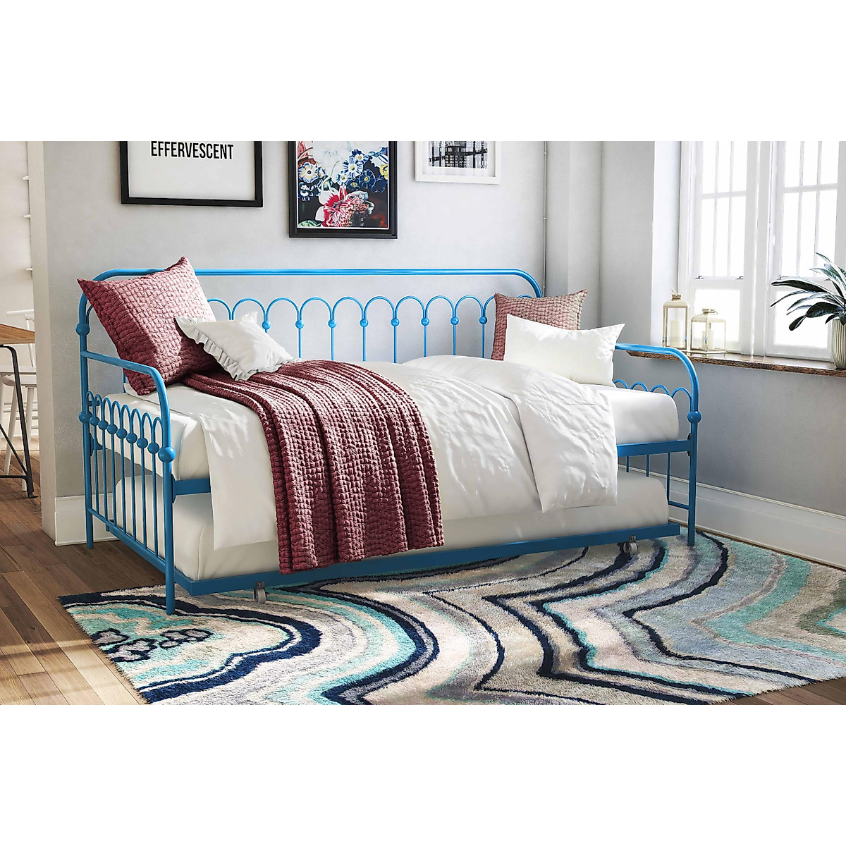 Novogratz Bright Pop Metal Daybed with Roll Out Trundle - Chic, Stylish, Space-Saving Design - Includes Sturdy Steel Slats