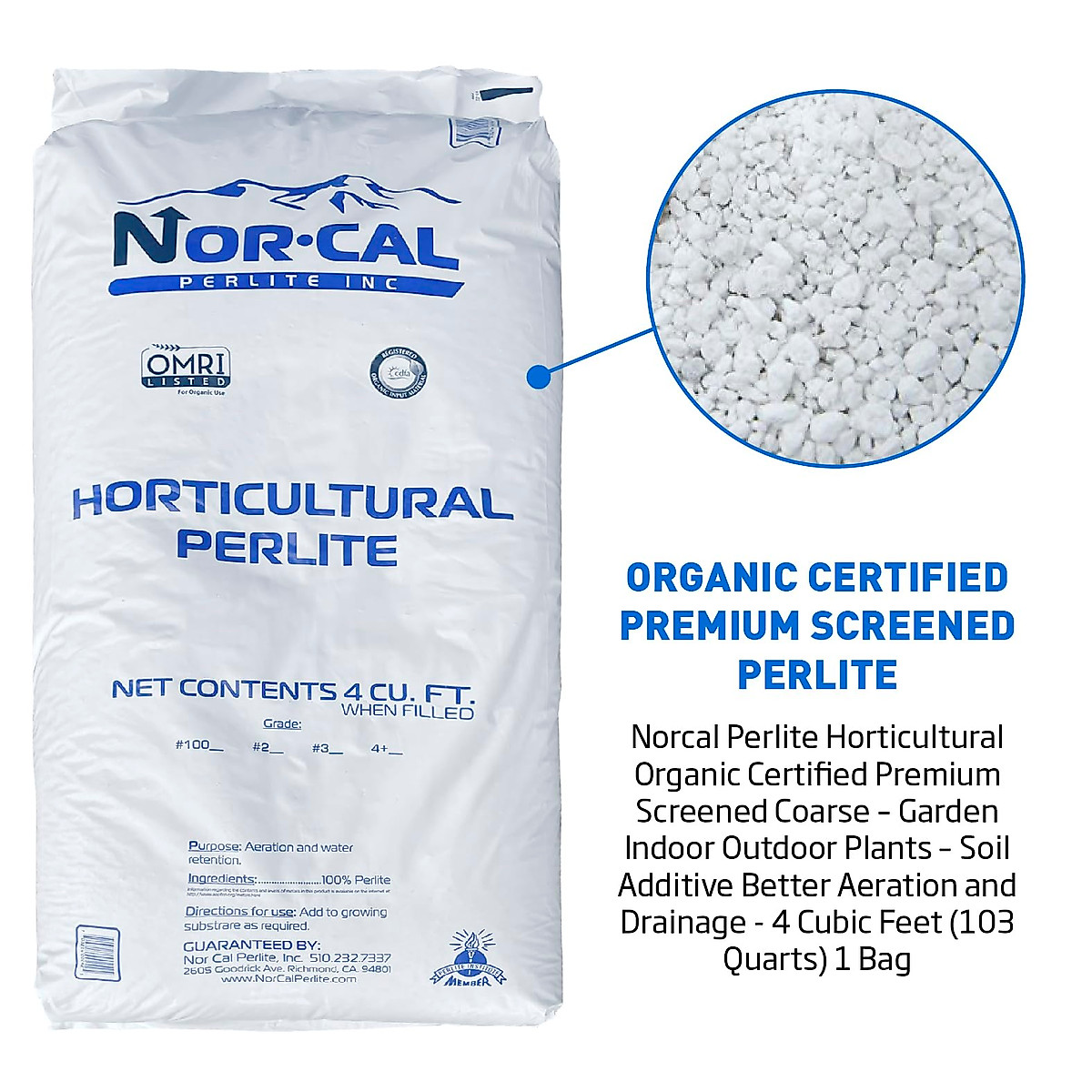Norcal Perlite Horticultural Organic Certified Premium Screened Coarse – Garden Indoor Outdoor Plants – Soil Additive Better Aeration and Drainage - 4 Cubic Feet (103 Quarts) 1 Bag