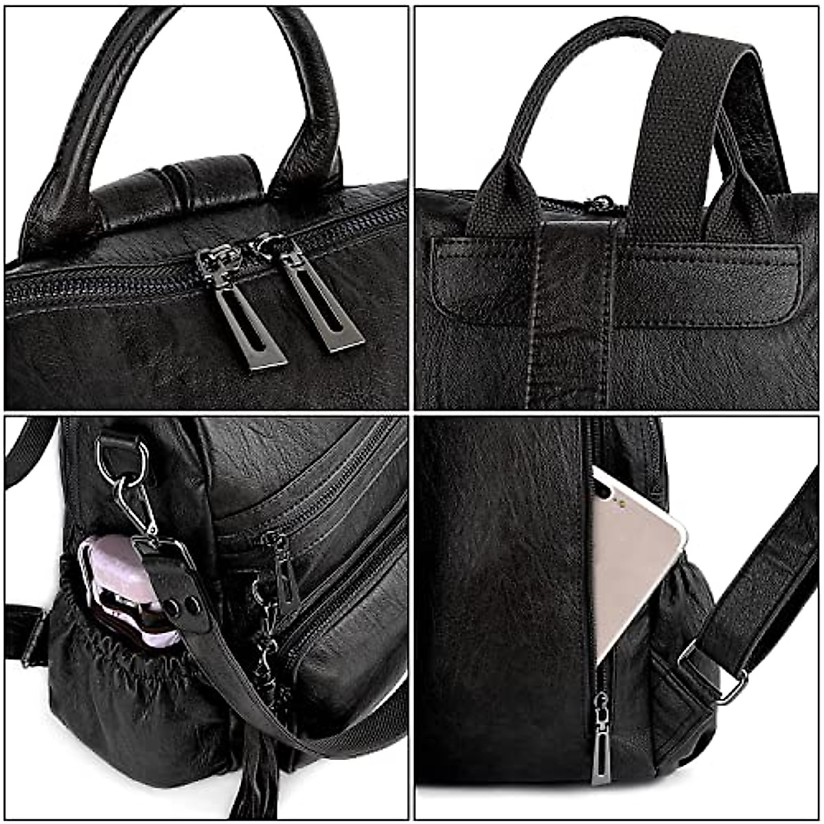 UTO Women Backpack Purse Leather Vegan Ladies Fashion Designer Rucksack Convertible Travel Shoulder Bag with Tassel Black