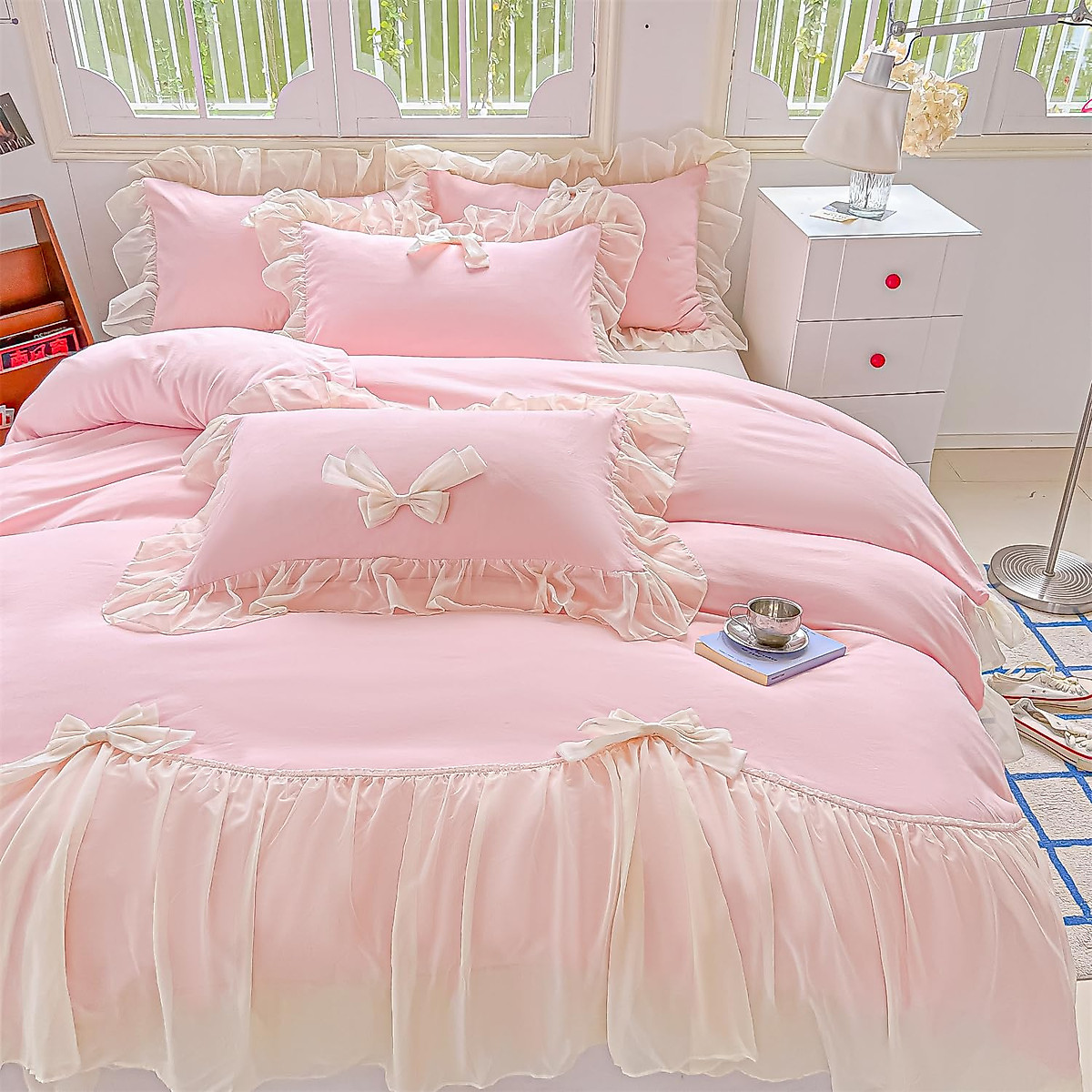 SOUKECHY Girls Lace Bedding,Queen Comforter Cover Set, Chic Ruffled Duvet Cover with Lovely Bow,Princess Style 1 Duvet Cover with 2 Pillowcases, No Comforter-Pink,Queen Size