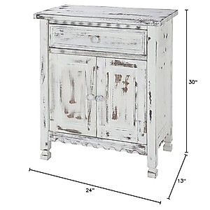 Rustic Cottage Accent Cabinet with 1 Drawer and 2 Doors, White Antique - Living Room Furniture, Functional Design with Dental Work and Turned Legs, Wipe Clean with a Dry Cloth