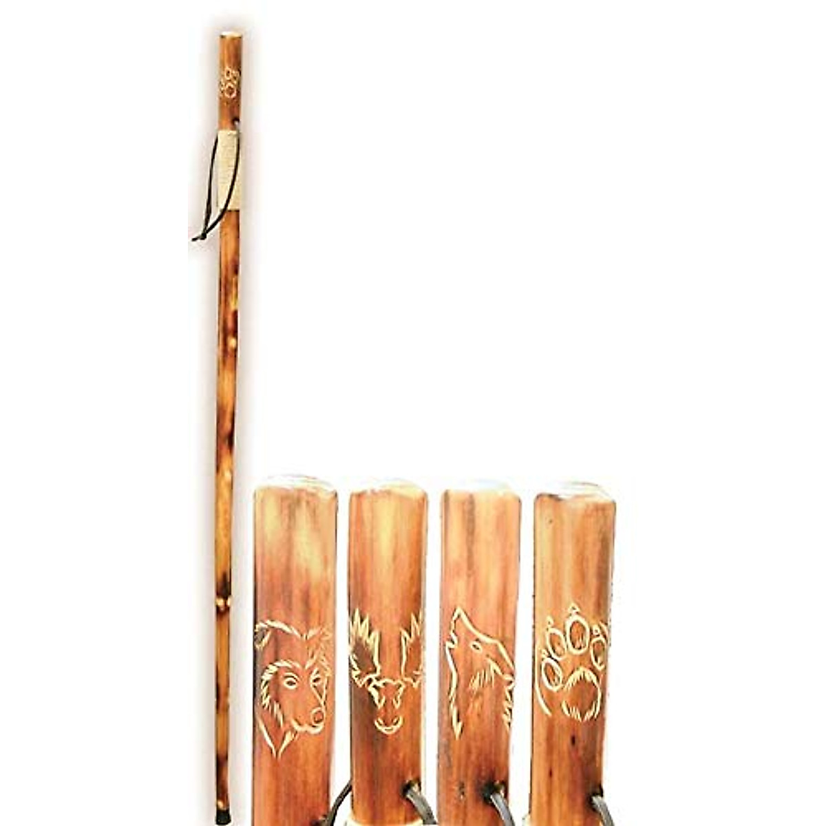 Wood Trekking Hiking Pole with Animal Head Face Bust Carving, 54" (Random Style)