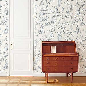 RollsRolla Toile Wallpaper Modern Farmhouse Wallpaper Peel and Stick Wallpaper Vintage Ivory Beige Neutral Blue and White with Birds and Flowers for Accent Wall Bedroom Bathroom