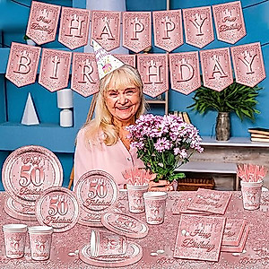 50th Birthday Rose Gold Supplies,142pcs Glitter Pink Rose Gold Tableware Include 50th Birthday Plates and Napkins Cups,Rose Gold Tablecloth Happy Birthday Banner for Women Happy 30th Birthday