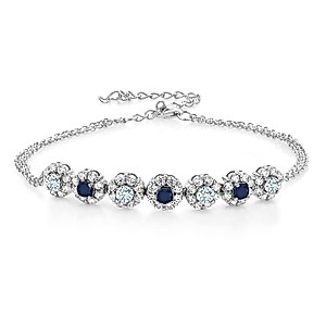 Gem Stone King 925 Sterling Silver Sky Blue Aquamarine and Blue Sapphire Tennis Bracelet For Women (2.27 Cttw, Gemstone March Birthstone, 7 Inch with 2 Inch Extender)