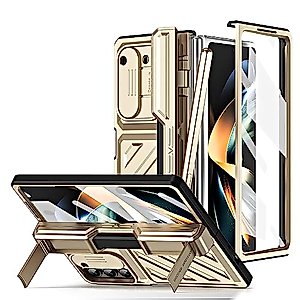 PUROOM for Samsung Galaxy Z Fold 5 Hinge Coverage Protective Case Pen Box & Kickstand, Slide Camera Lens Cover, Screen Protector Full Body Shockproof Case (Gold)
