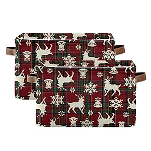 Christmas Bells Reindeer Storage Basket Fabric Laundry Baskets Winter Snowflake Xmas Red Green Buffalo Plaid Storage Boxes Organizer Bag for Cloth Toy Book Storage Cubes Shelf Closet Bins 16×12×8