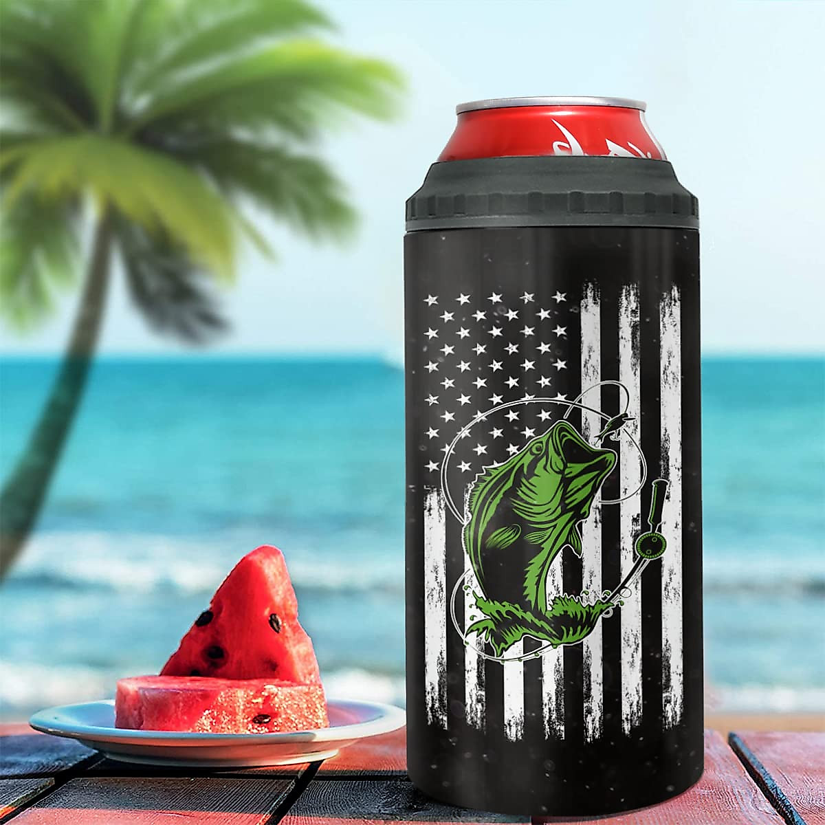 wowcugi Fishing American Flag Can Cooler Tumbler 4-in-1 Stainless Steel Gifts For Dad Brother Fathers Day