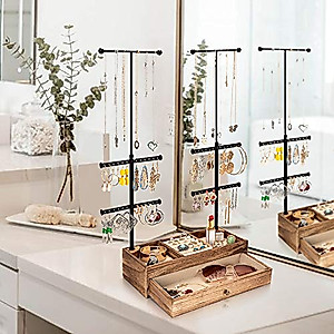 Emfogo Jewelry Organizer Stand Wood Basic Jewelry Drawer Storage Box with Double Rods & 6 Tier Jewelry Tree Stand Holder for Necklaces Bracelet Earring Ring Display(Carbonized Black)