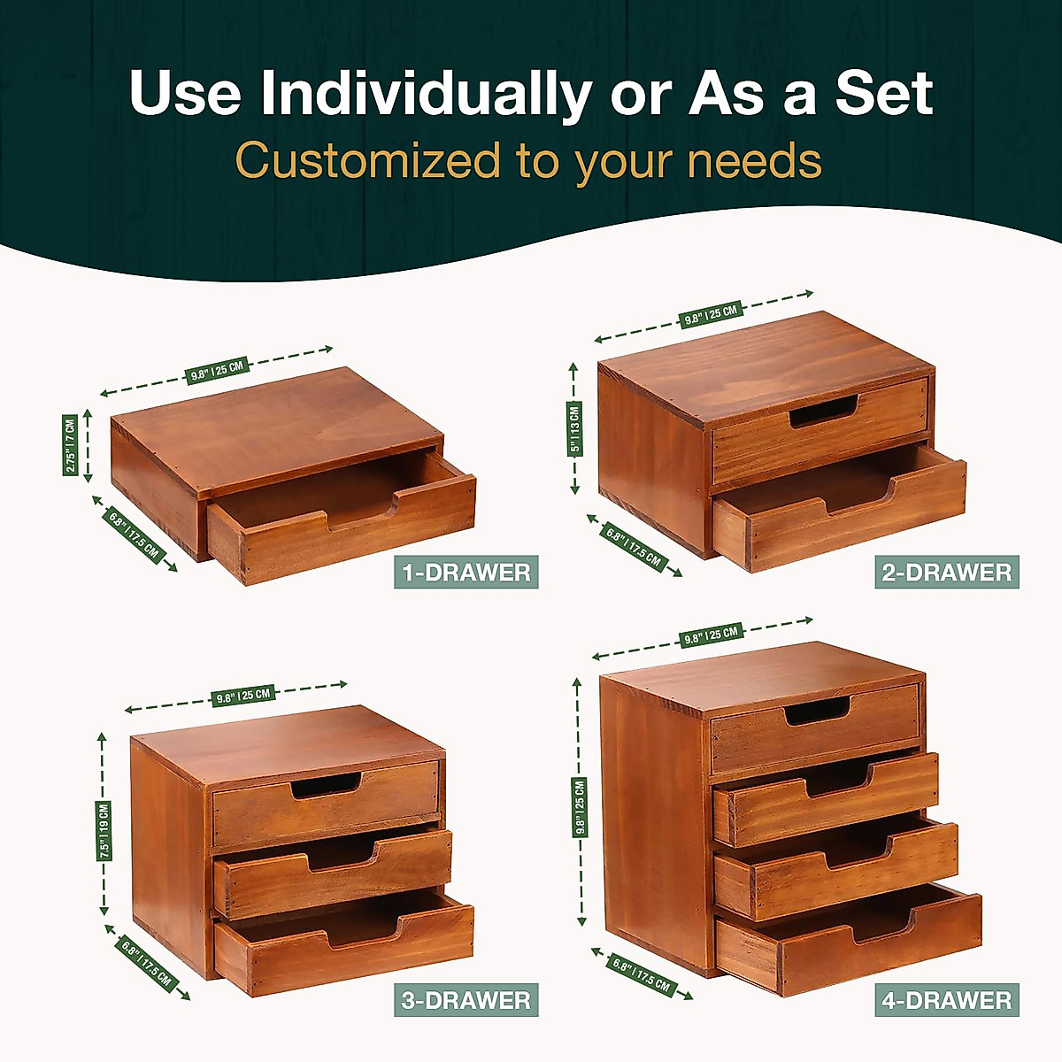 4-piece Drawer Cabinet Bundle Set - Modern Mahogany Wood Stackable Drawer Units - Multi-level Drawer Desktop Storage Organizers - Countertop Drawer Cabinets for Mix and Match (4-Pack)