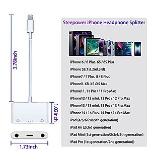 Steepower 3.5mm iPhone Headphone Splitterr,3 in 1 Dual 3.5mm Headphone Jack Adapter with Power Port,Compatible with iPhone 14/13/12/11/X/8/8plus/7/7plus/iPad-Support iOS 16